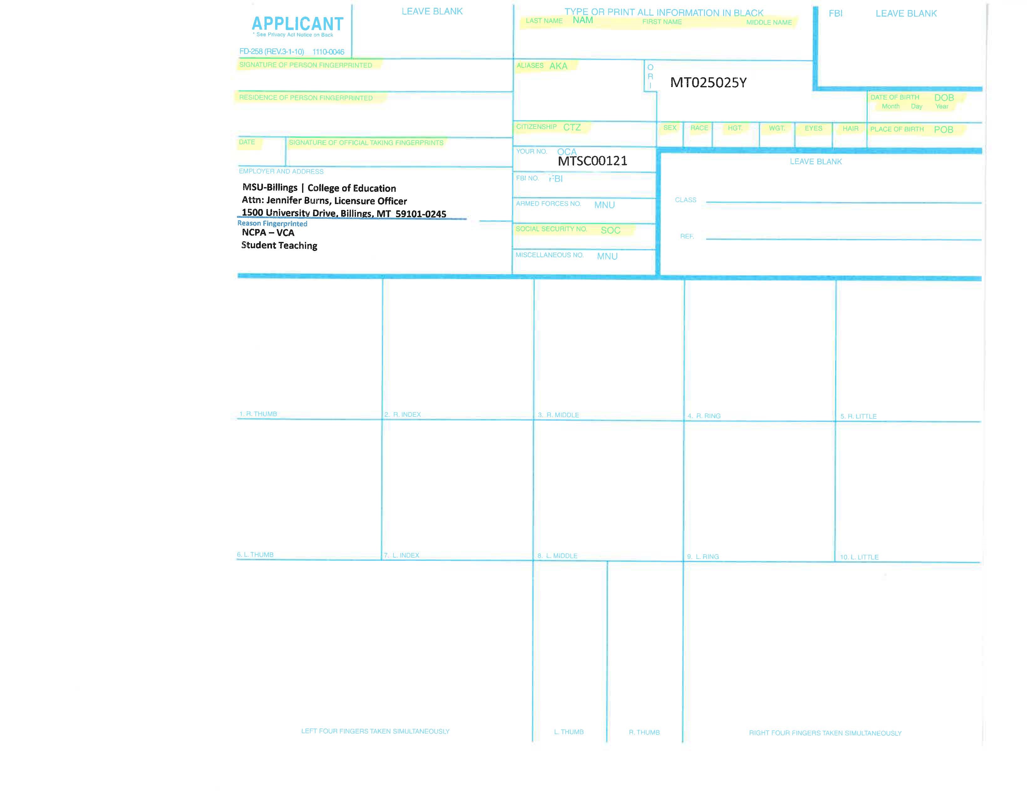 Large Blank Fingerprint Cards